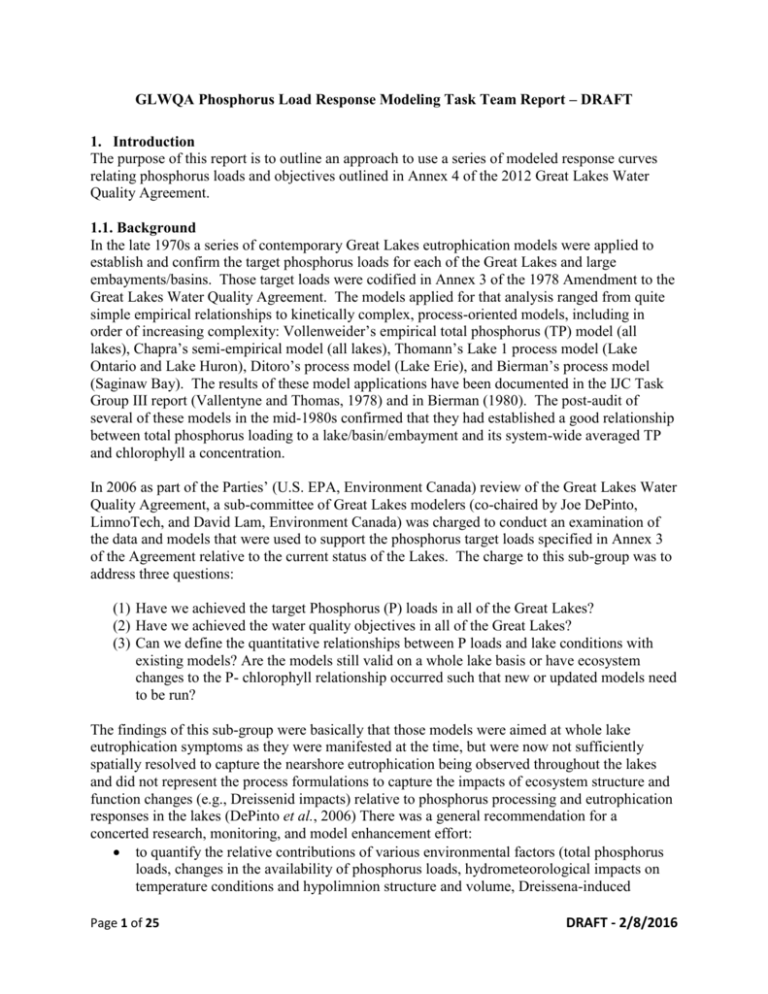 GLWQA Phosphorus Load Response Modeling Task Team Report