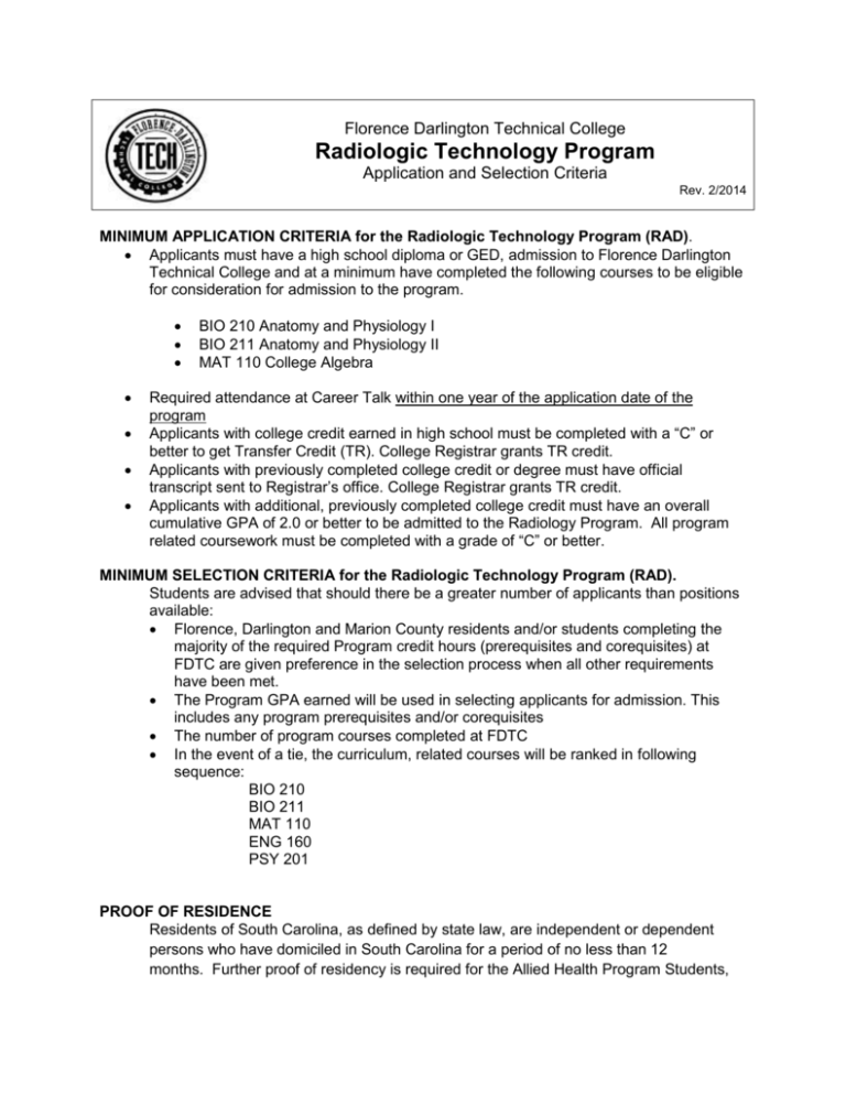 Radiologic Technology Program Application Criteria