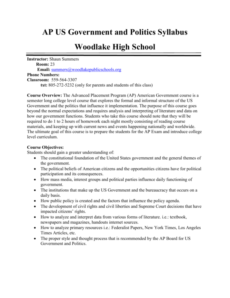 AP US Government and Politics Syllabus Woodlake High School
