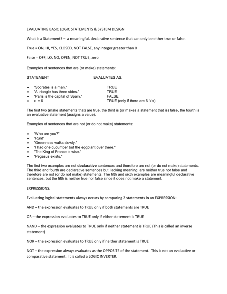 Evaluating Basic Logic Statements