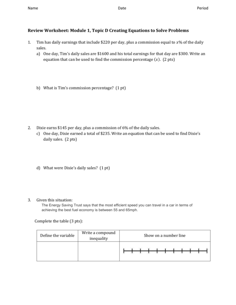 Name DatePeriod Review Worksheet Module 1 Topic D Creating
