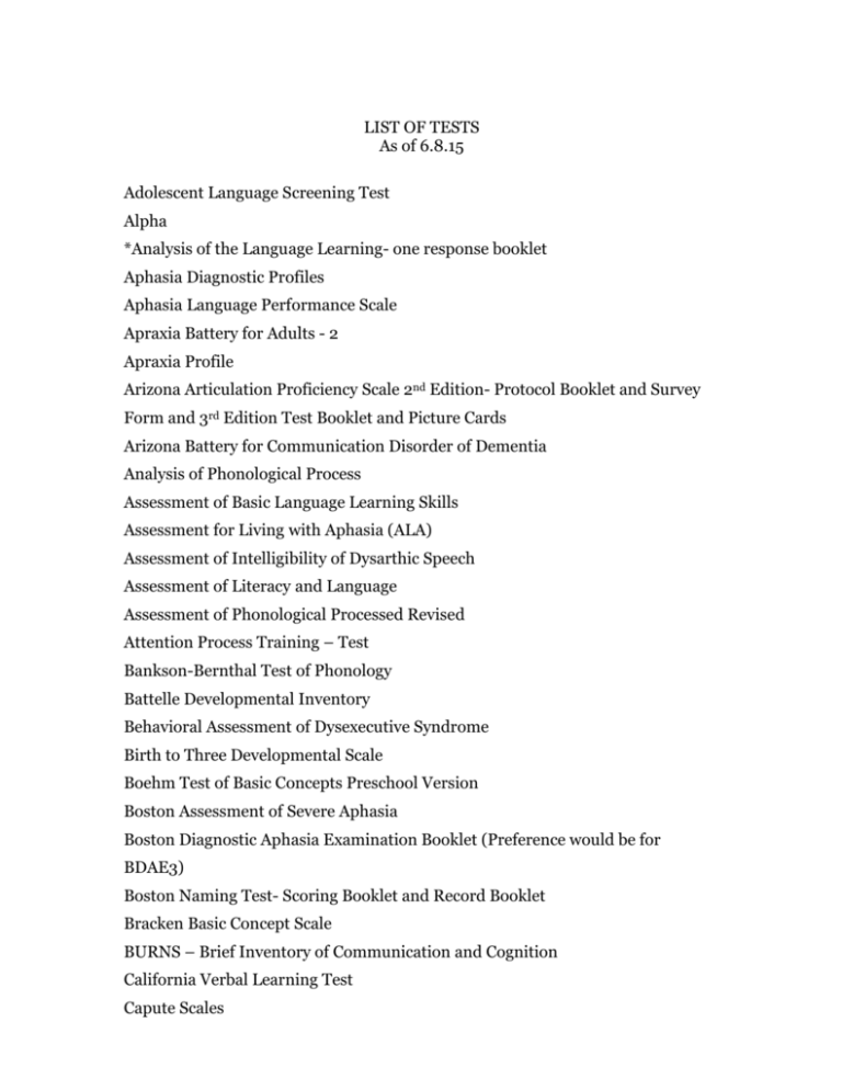 Oyer Test Inventory 6 8 2015 Oyer Test Inventory 6 8 2015