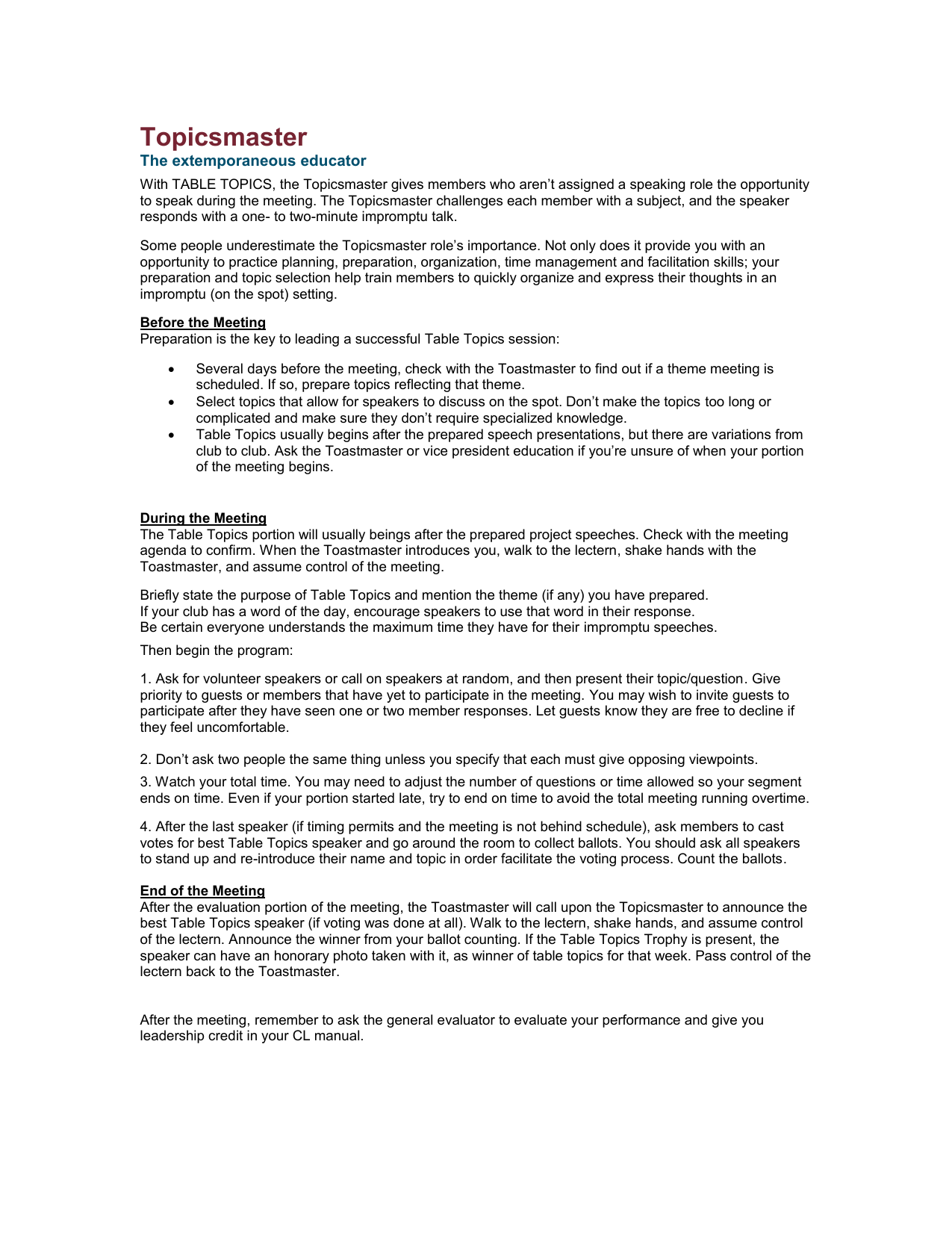 Toastmasters Table Topics Master Questions J M Decorations Inc
