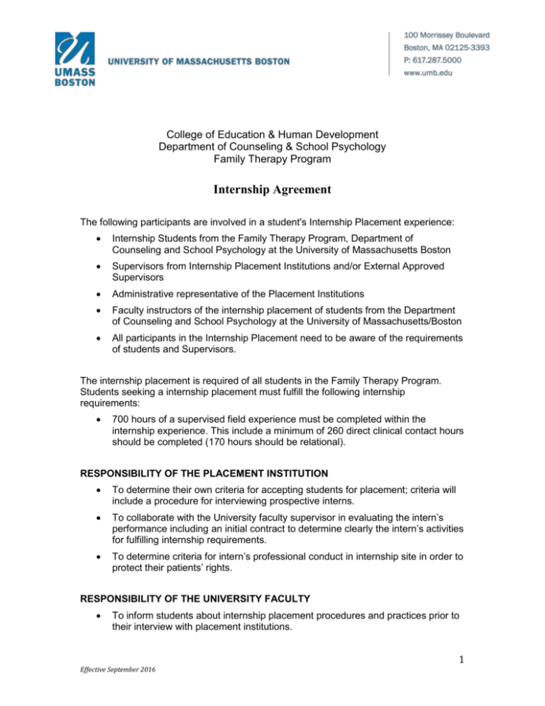 Internship Agreement - University of Massachusetts Boston