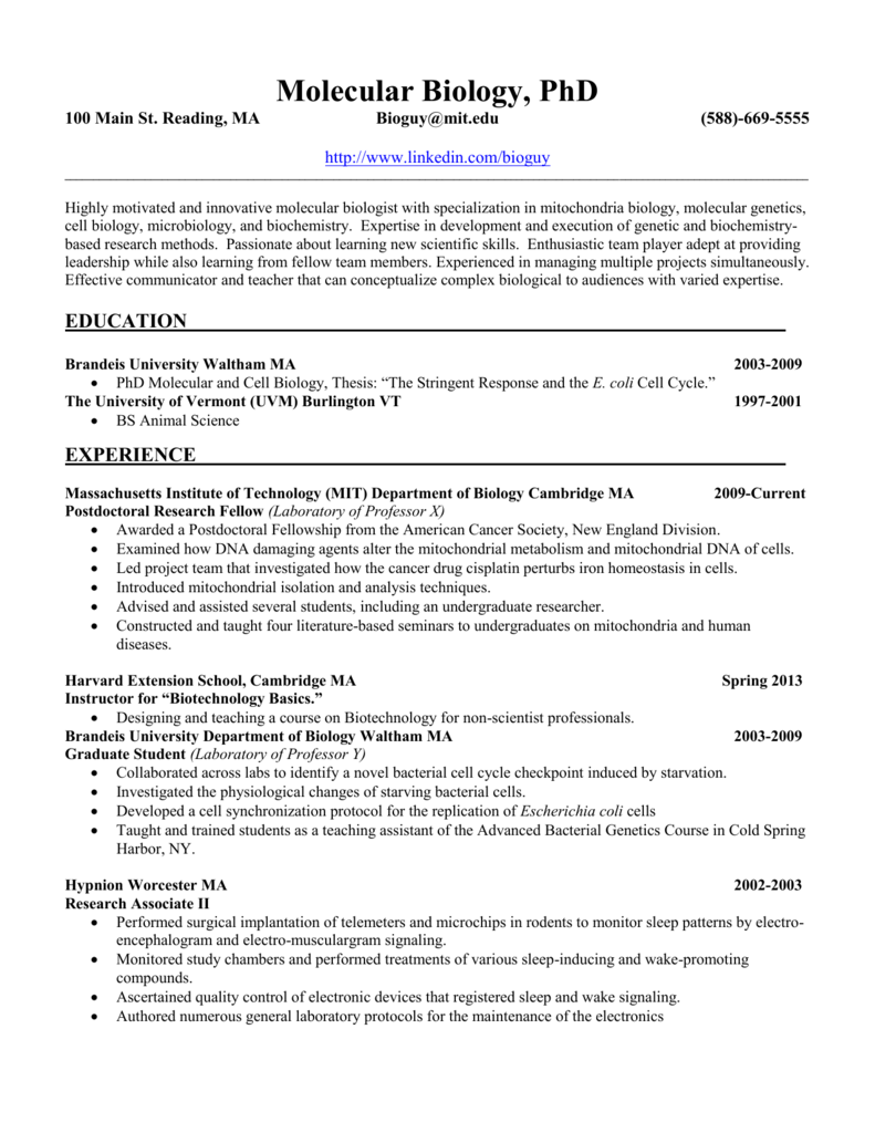 Sample Resume Molecular Biology 