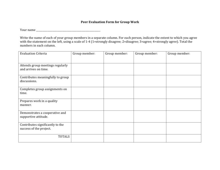 Peer Evaluation Form For Group Work
