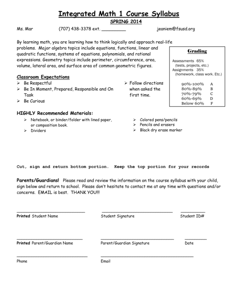 Integrated Math 1 Course Syllabus