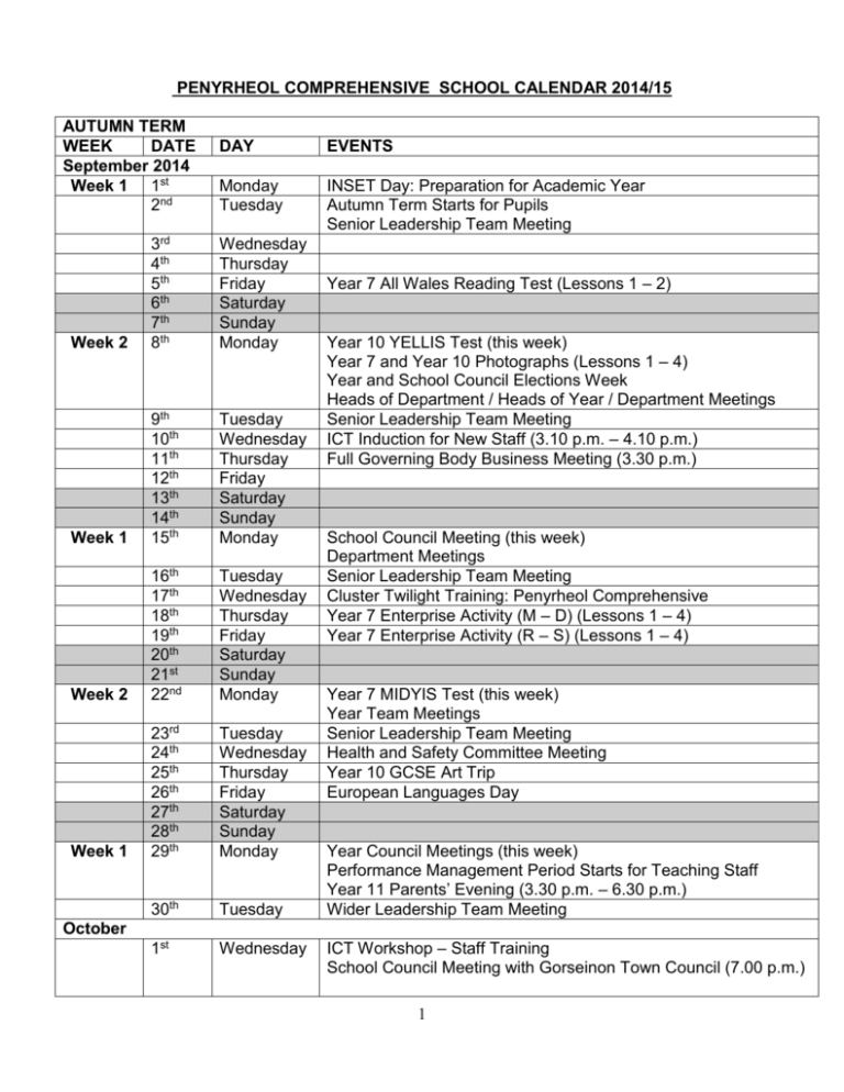 PENYRHEOL COMPREHENSIVE SCHOOL CALENDAR 2006/2007