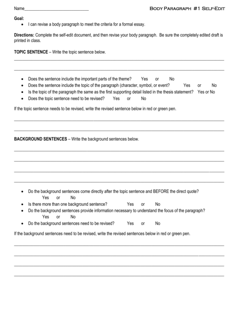 OMM Body Paragraph Self Edit Worksheet