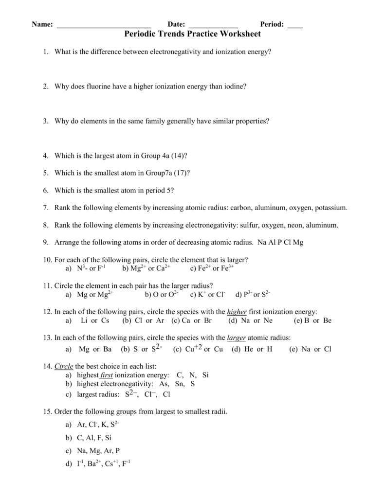 Periodic Trends Worksheet Answer Key
