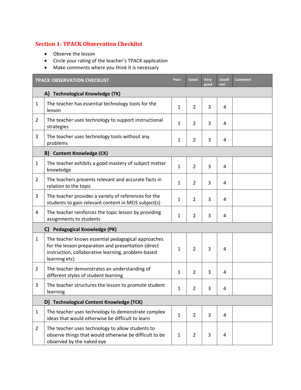 Section 1 TPACK Observation Checklist MEIS Section 1 TPACK Observation Checklist MEIS