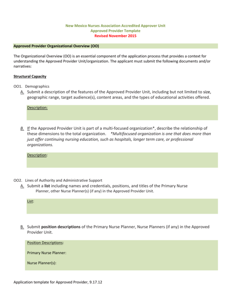 Approved Provider Application Template Approved Provider Application Template