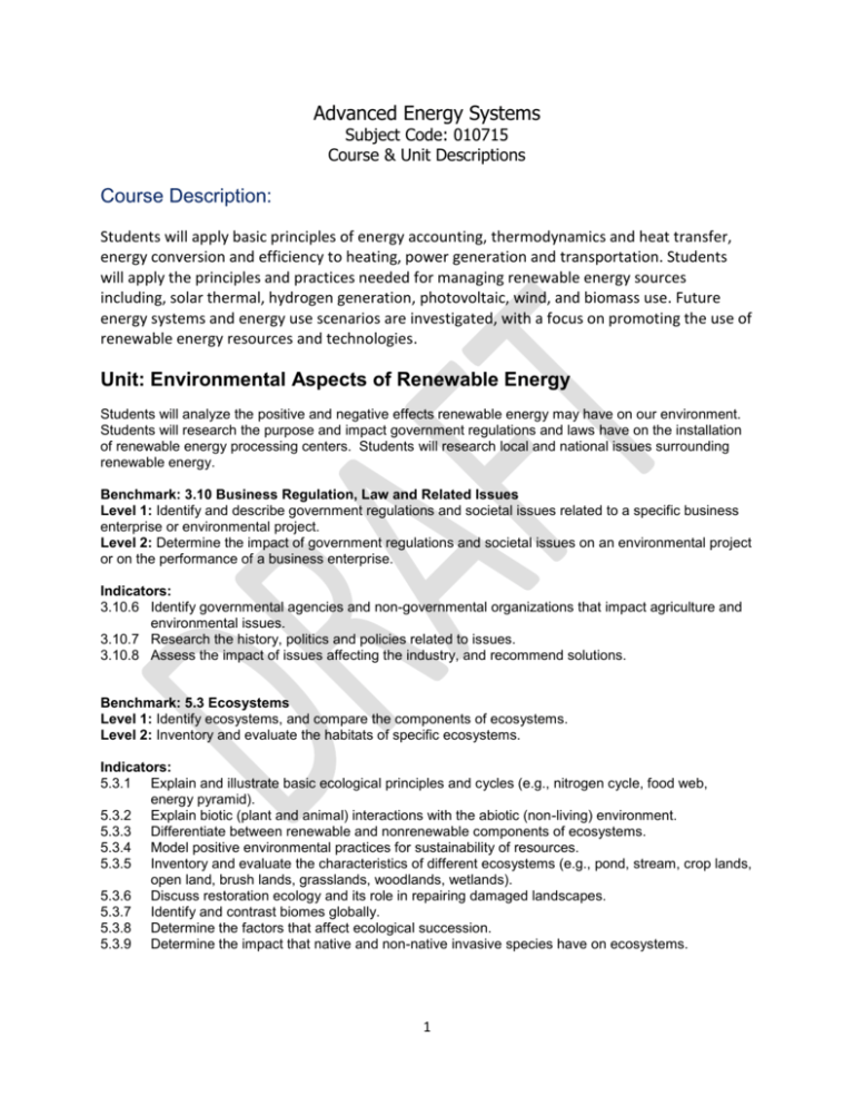 Energy Course & Unit Descriptions