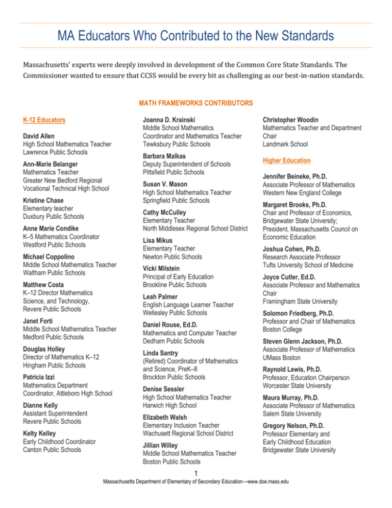 MA Educators Who Contributed To The New Standards