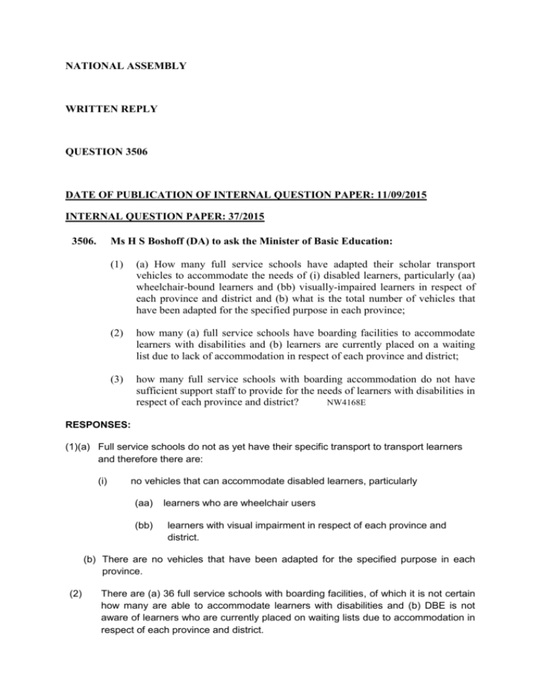 NATIONAL ASSEMBLY WRITTEN REPLY ION 3506 DATE