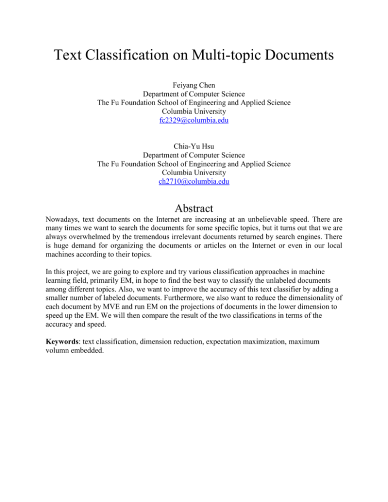 Text Classification on Multi-topic Documents Feiyang Chen