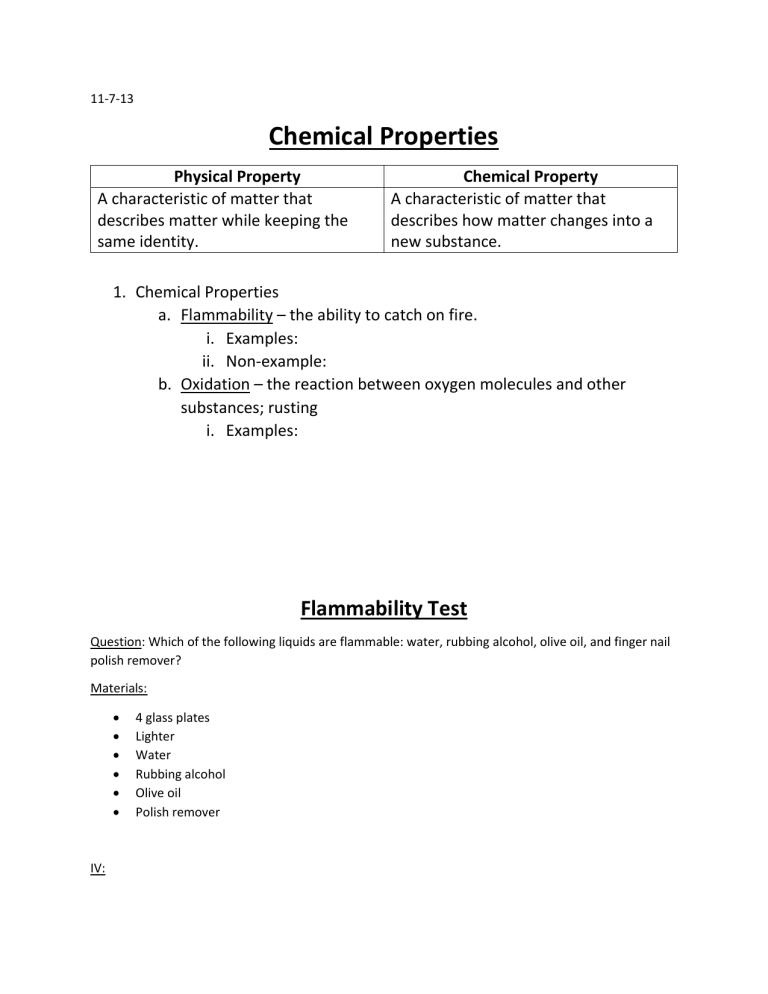 Chemical Properties Flammability Test Chemical Properties Flammability Test
