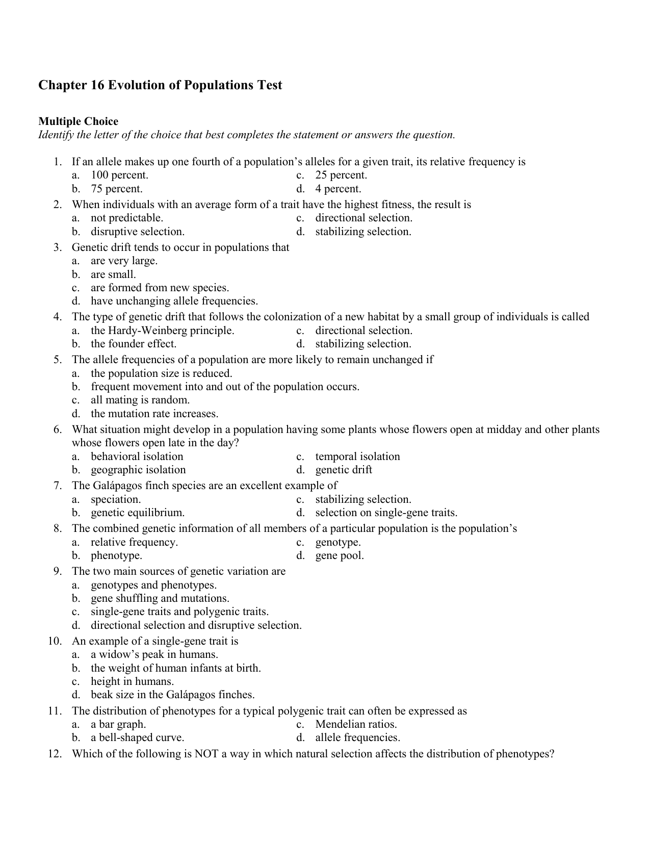 Chapter 16 Evolution Of Population Test Chapter 16 Evolution Of Population Test