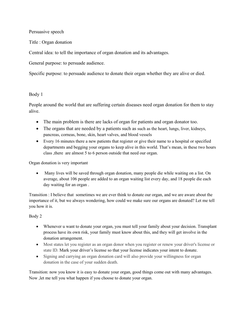 Persuasive Speech Title Organ Donation Central Idea To Tell The