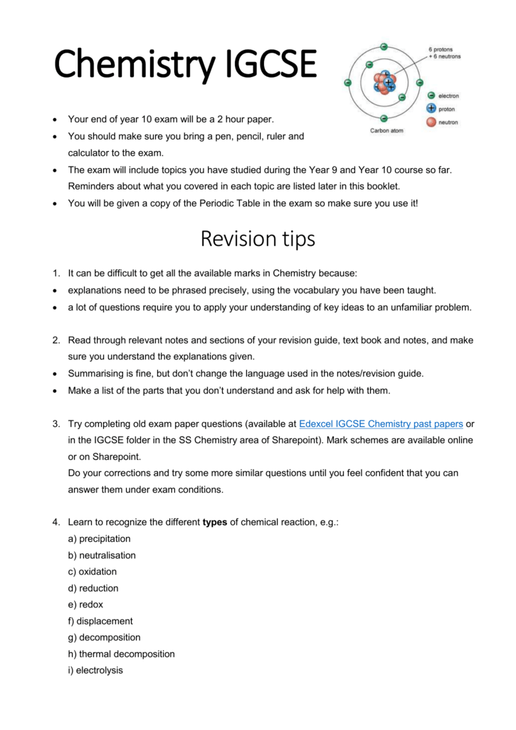 Year 10 Chemistry IGCSE Revision Guidance Year 10 Chemistry IGCSE Revision Guidance