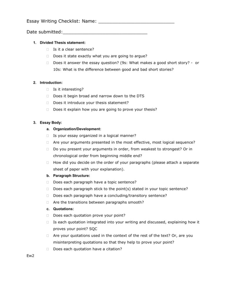 Essay Writing Checklist Essay Writing Checklist