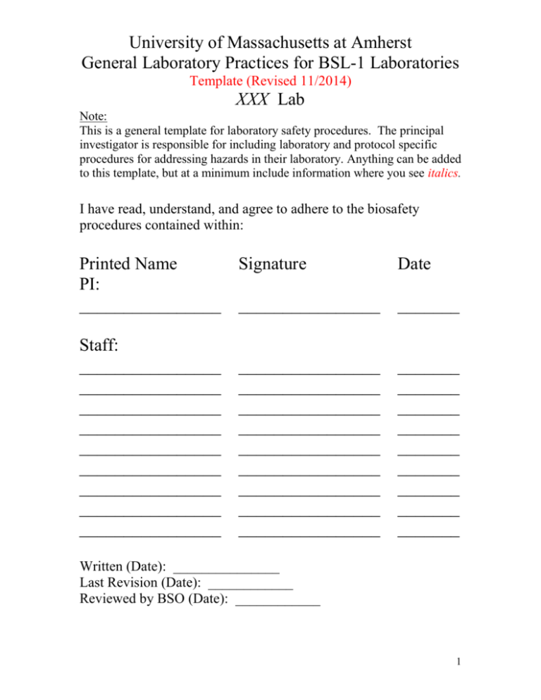 BSL 1 Biosafety Manual Template Environmental Health And Safety