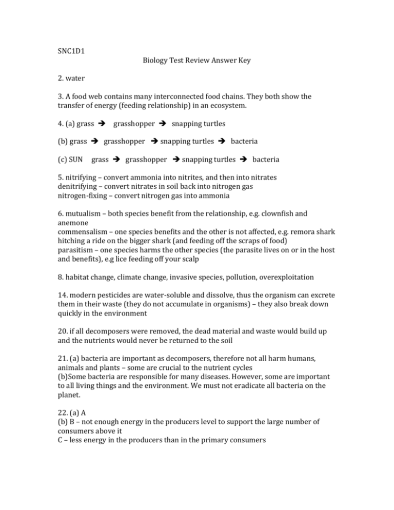 SNC1D1 Biology Unit Test Review Key SNC1D1 Biology Unit Test Review Key
