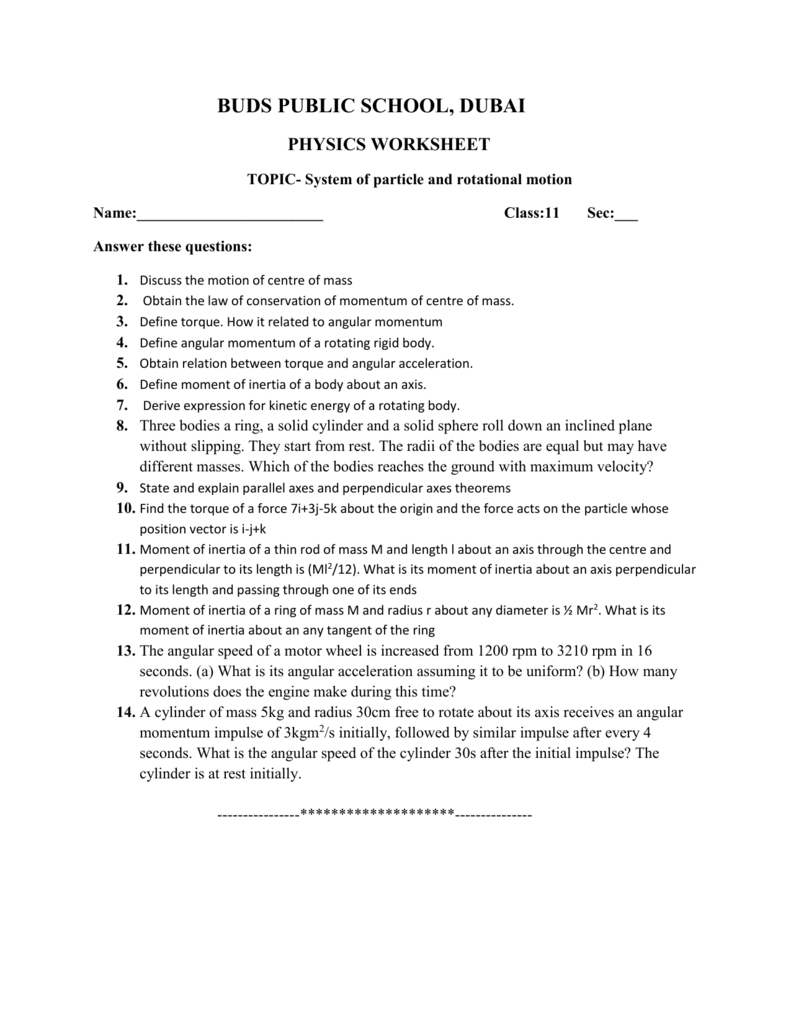 Rotational Motion Worksheet