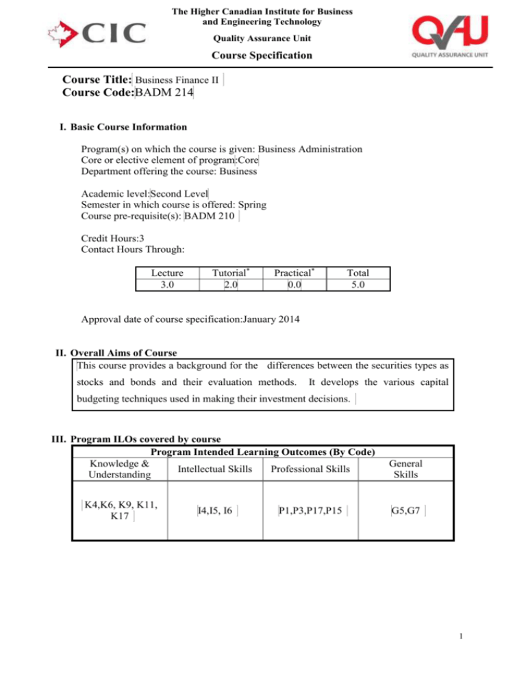 COURSE TITLE COURSE CODE Canadian International College