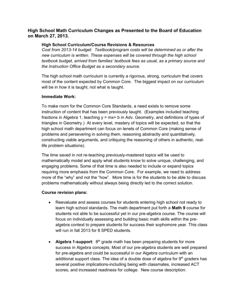 Summary Of High School Math Changes Summary Of High School Math Changes