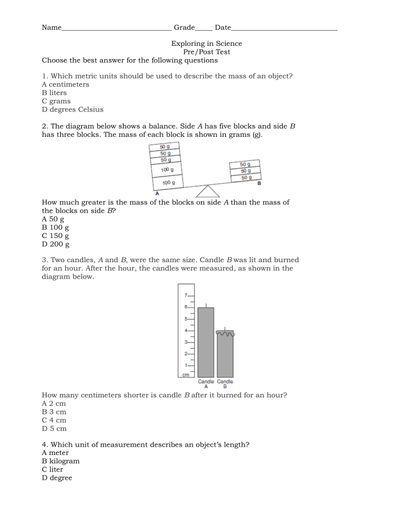 6th Grade Science Unit 1 Pre Post