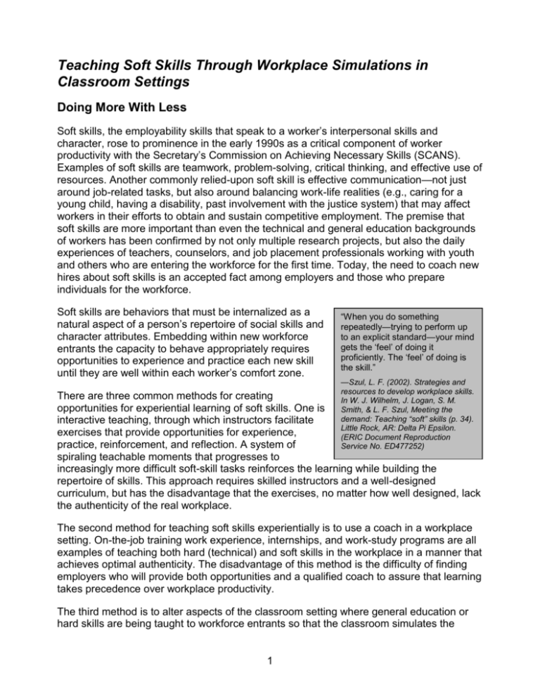 Teaching Soft Skills Through Workplace Simulations in Classroom