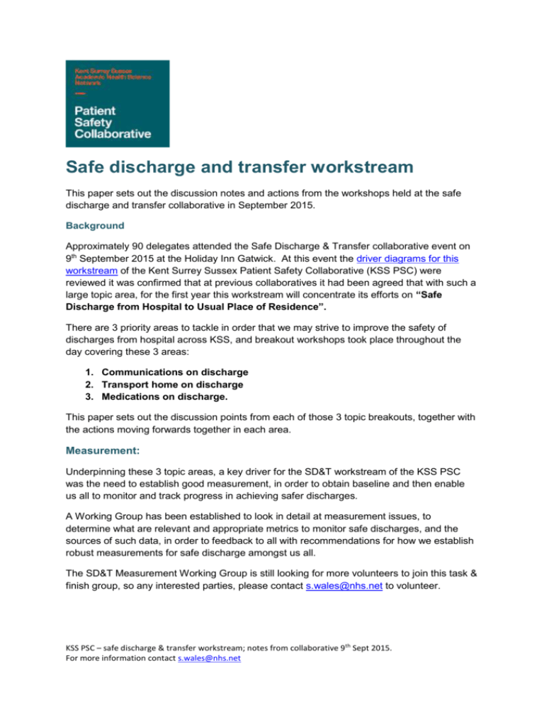 Safe Discharge Transfer Collaborative notes and actions
