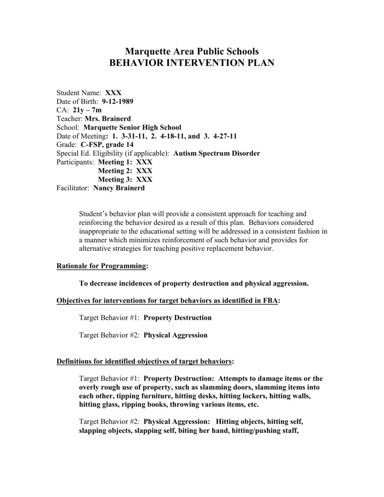 Sample Behavior Intervention Plan For Autism The Document Template
