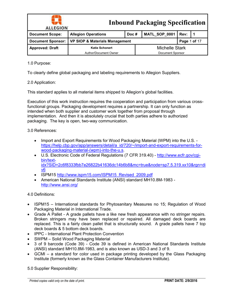 Inbound Packaging Specification Inbound Packaging Specification