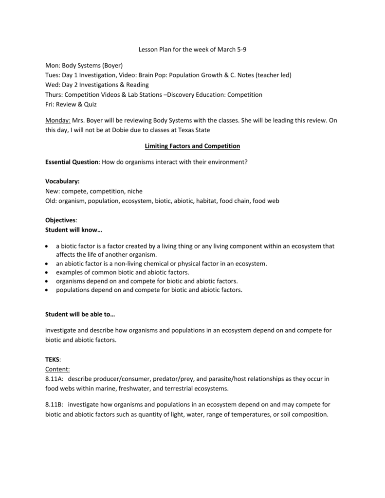 Limiting Factors Lesson Plan Limiting Factors Lesson Plan