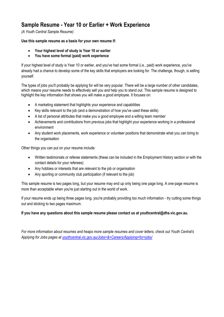 Sample Resume Year 10 Or Earlier Work