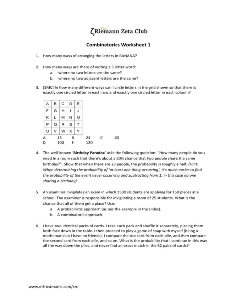 Combinatorics Worksheet 1 Fundamentals