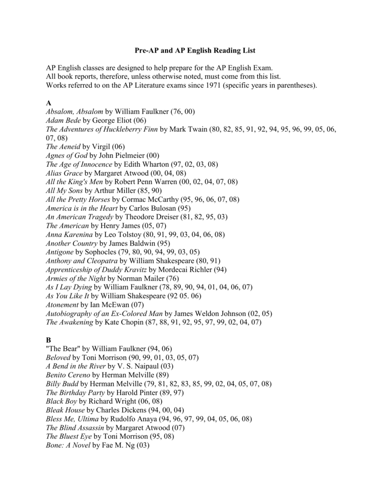Pre AP And AP English Reading List AP English Classes Are Pre AP And AP English Reading List AP English Classes Are