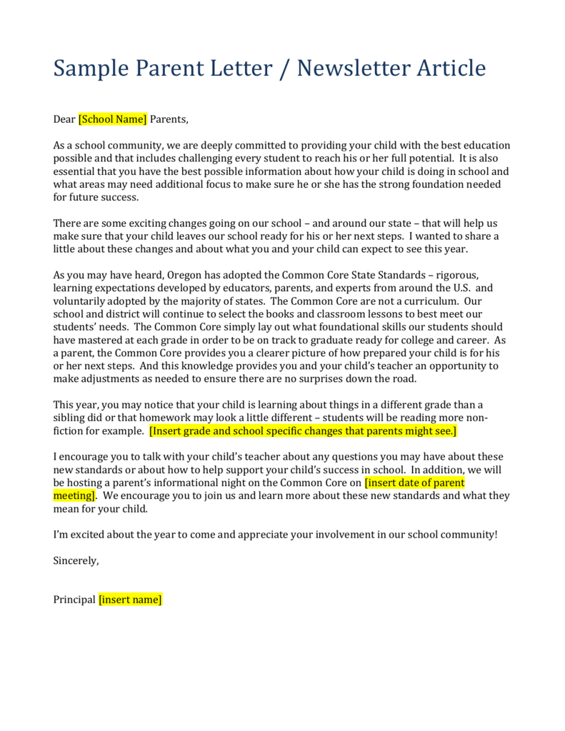 CCSS Sample Parent Letter Oregon Department Of Education