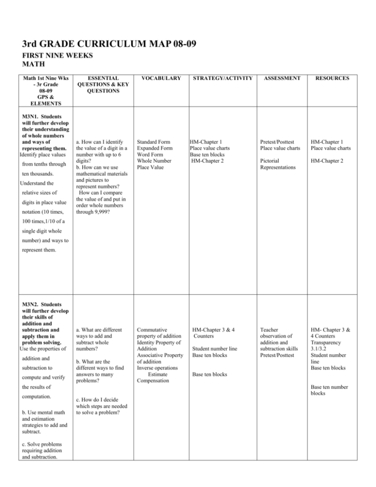Grade 1 Math Curriculum Map