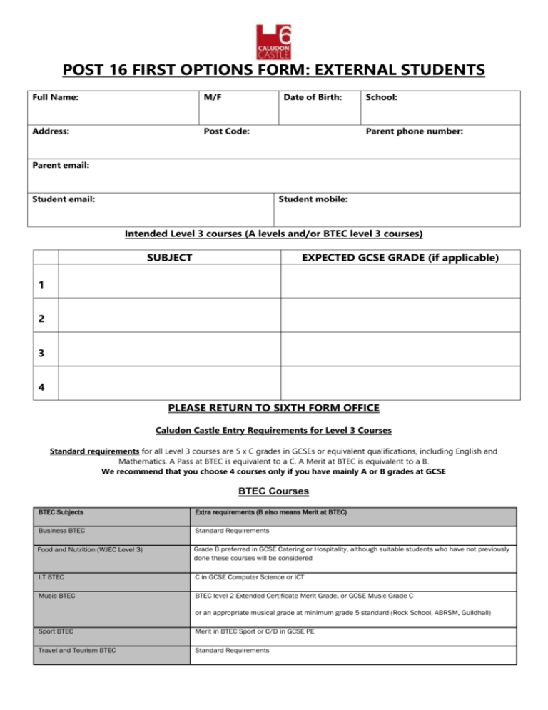 POST 16 FIRST OPTIONS FORM External Students POST 16 FIRST OPTIONS FORM External Students