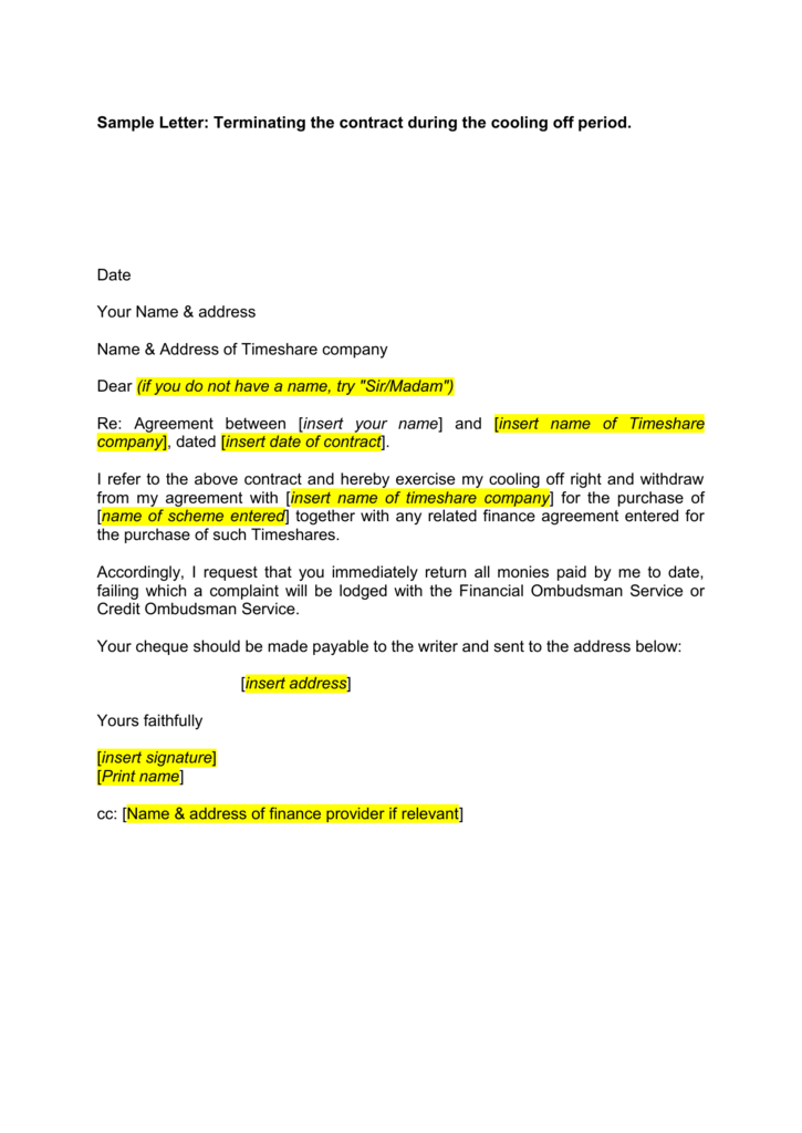 Sample Letter Terminating The Contract During The Cooling Off Period 