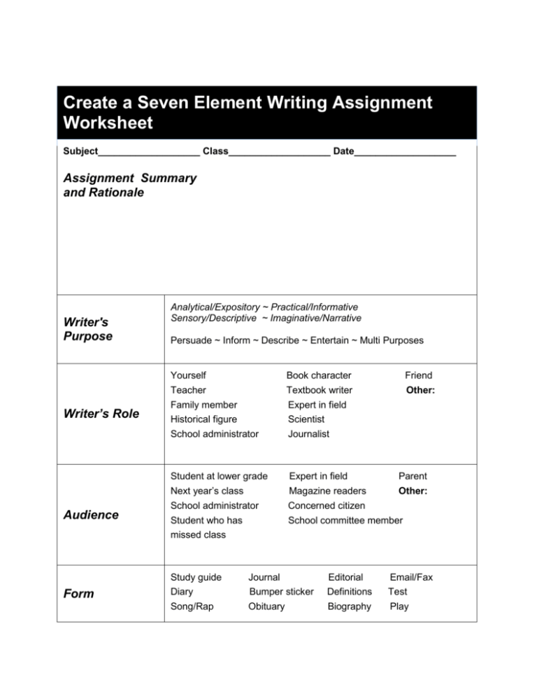Create A Seven Element Writing Assignment Worksheet