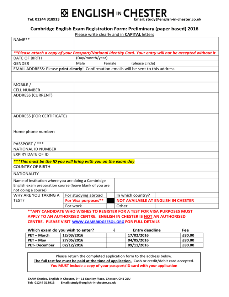 Cambridge English Exam Registration Form Preliminary paper