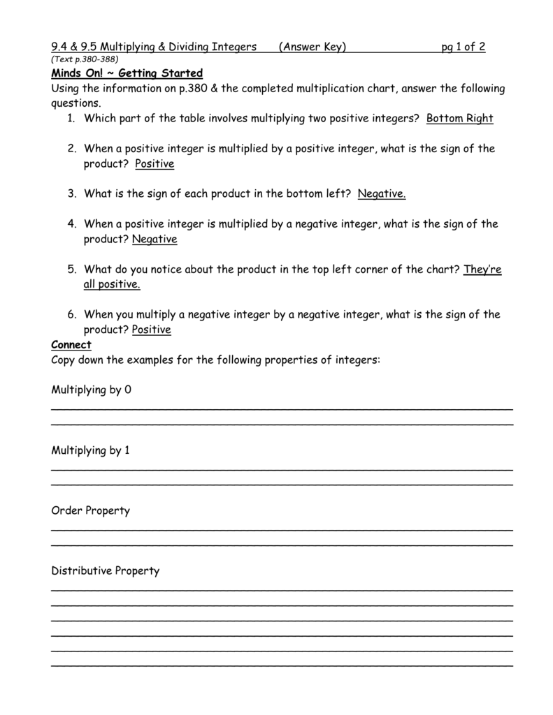 9 4 9 5 Multiplying Dividing Integers Answer Key Pg 1 Of 2 9 4 9 5 Multiplying Dividing Integers Answer Key Pg 1 Of 2