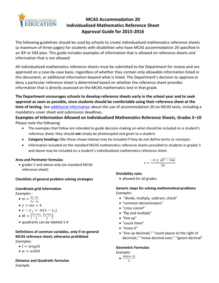 MCAS Accommodation 20 Individualized Mathematics Reference