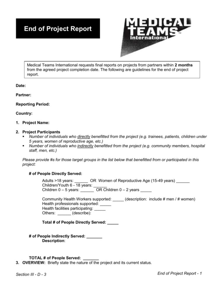 End Of Project Report Medical Teams International