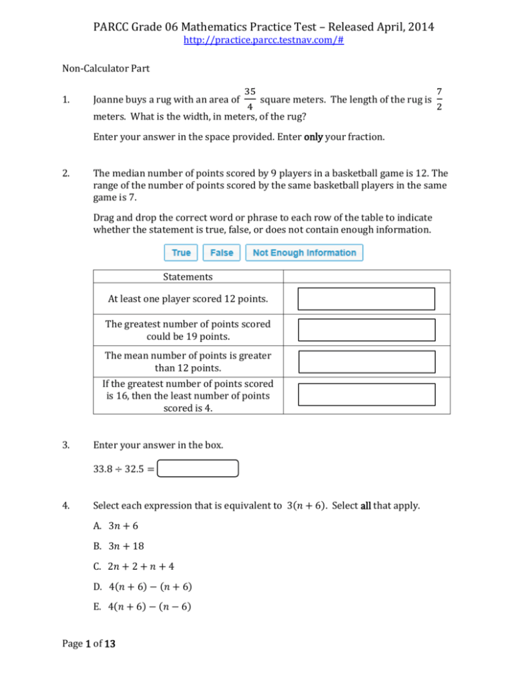 PARCC Practice Test Grade 06 Math EOY April 2014
