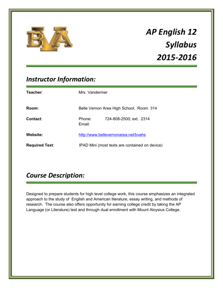 AP English 12 Syllabus AP English 12 Syllabus